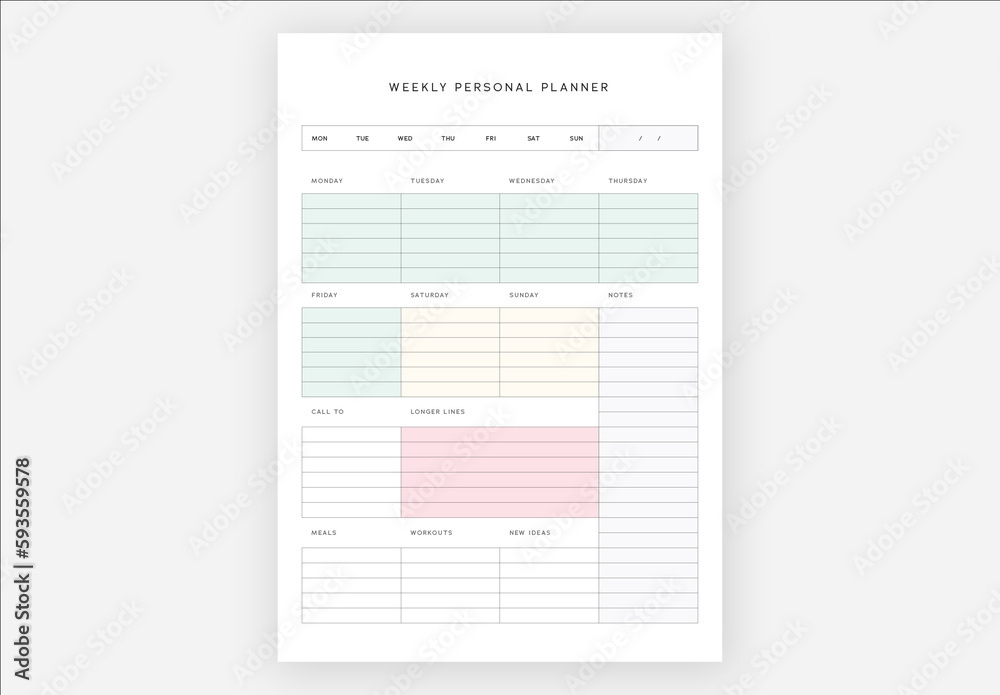 Weekly Personal Planner With Pastel Accent Stock Template | Adobe Stock