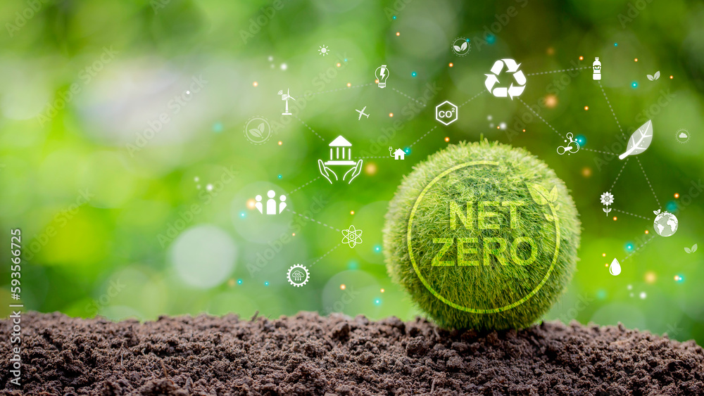The green globe rests on the ground. Green background with net-zero ...