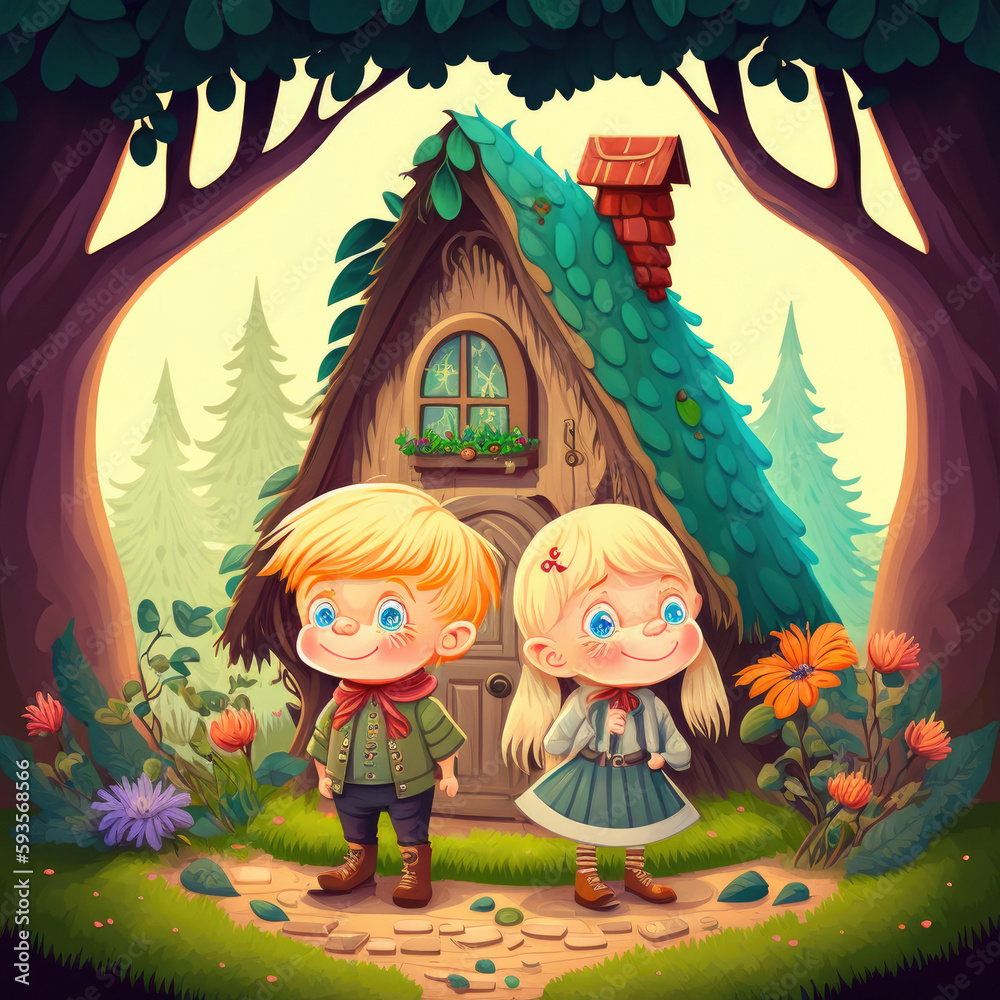 Illustration of the kid's story Hansel and Gretel. Boy and girl in ...