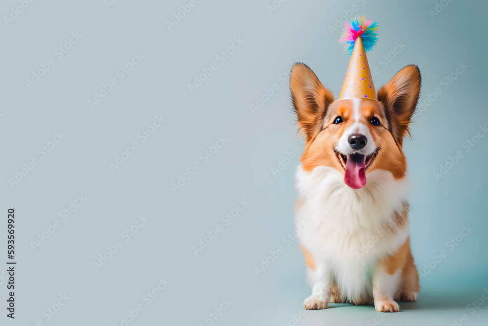 Happy Corgi dog with birthday party hat isolated on blue pastel ...