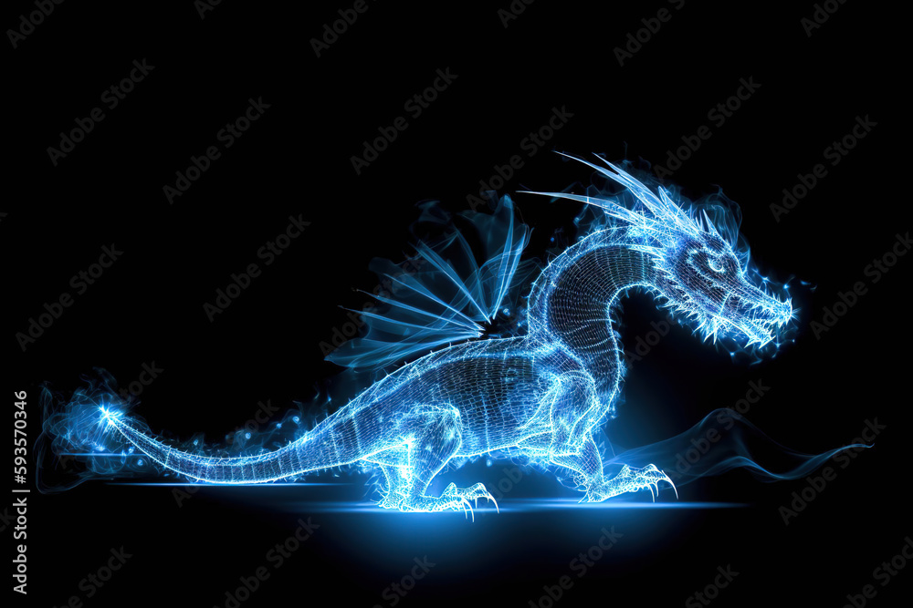 blue hologram angry dragon made plasma clot of energy, glowing rays ...