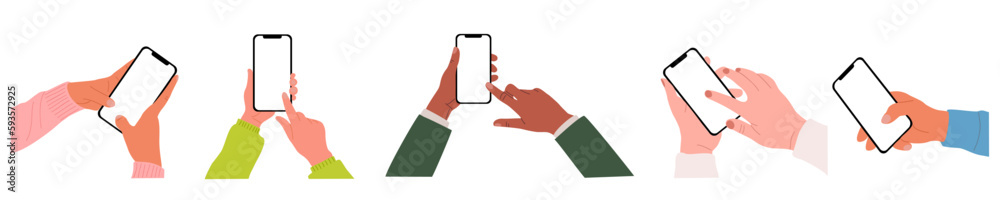Different Hands holding mobile phones set. Fingers touching, scrolling smartphone screens, using ...