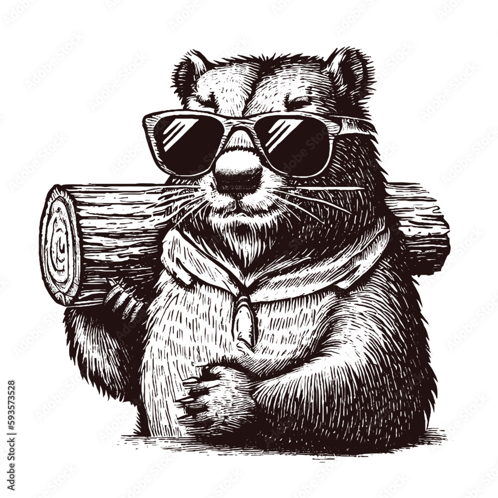 cool beaver wearing sunglasses and holding a log illustration Stock ...