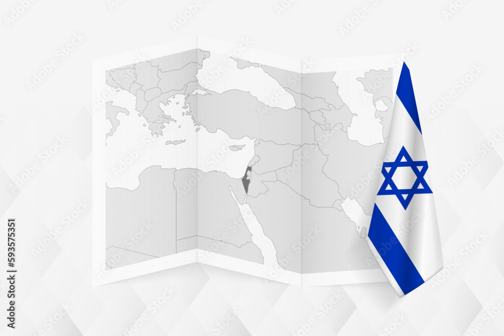 A grayscale map of Israel with a hanging Israeli flag on one side ...