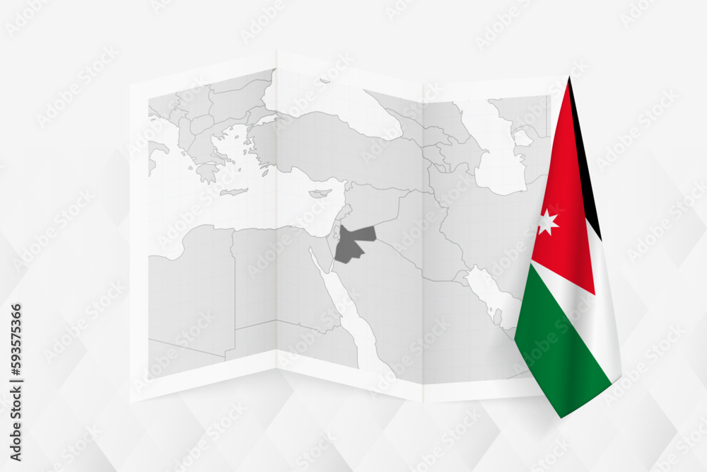 A grayscale map of Jordan with a hanging Jordanian flag on one side ...