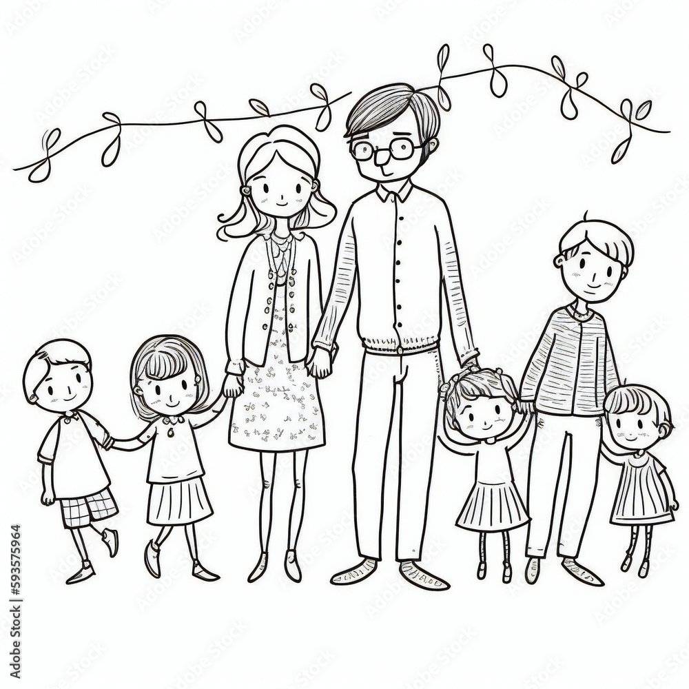 Simple line drawing of a large family with seven members, two parents ...