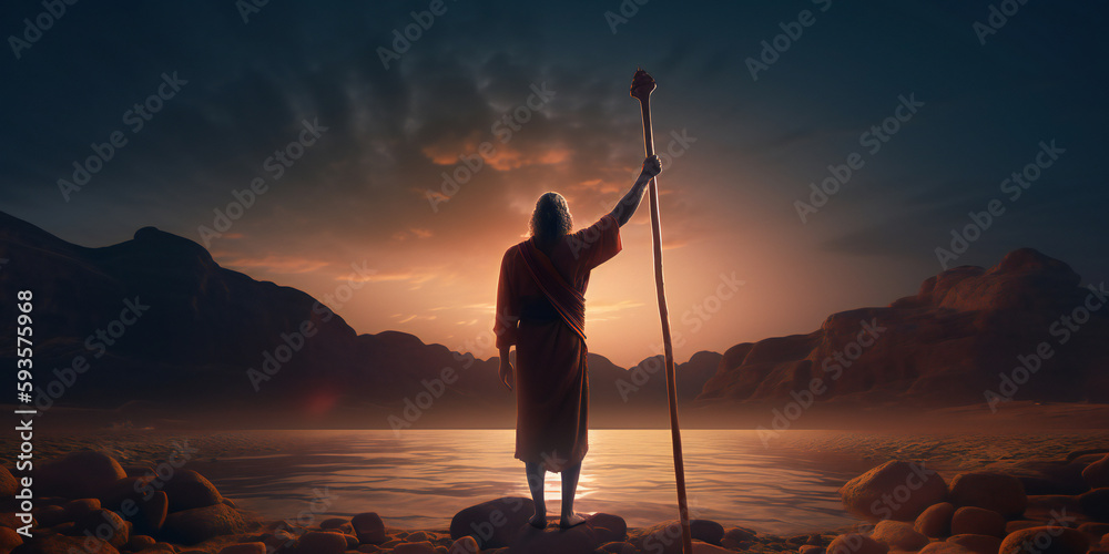 Biblical story of Moses splitting the red sea. Moses standing with his ...