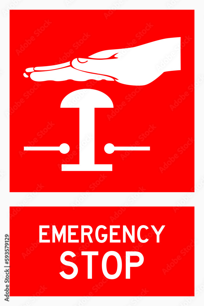 isolated emergency stop push Botton, fire safety symbols on red ...