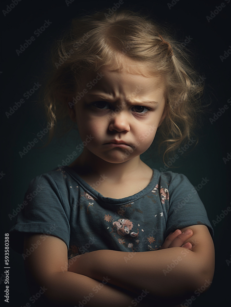 Little baby girl with a frown and angry expression posing with her arms ...