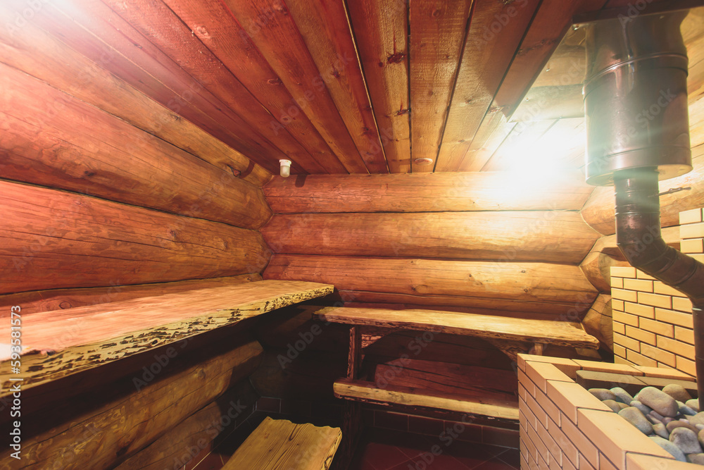 Traditional finnish sauna room wooden interior, cabin home wooden sauna ...