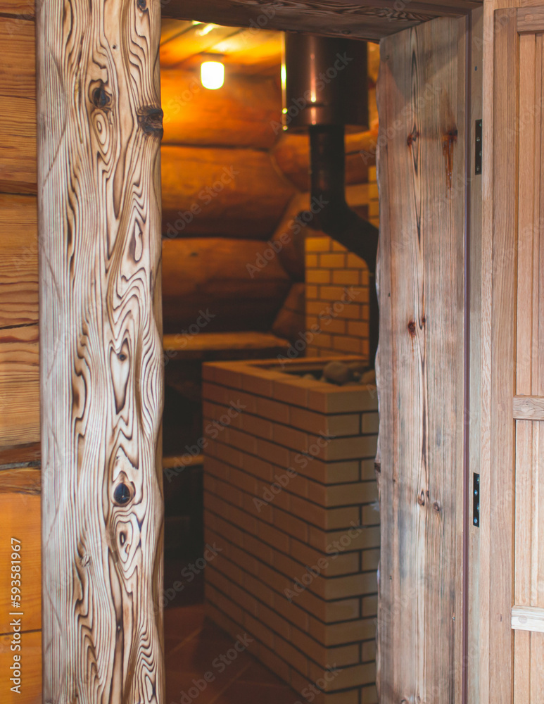 Traditional finnish sauna room wooden interior, cabin home wooden sauna ...