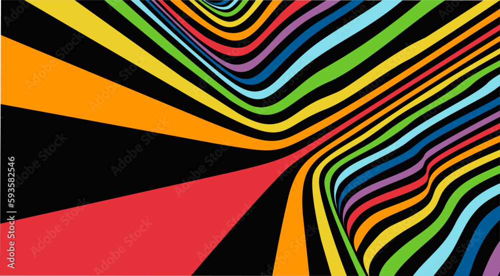 3D color rainbow lines on black, perspective, digital abstract elements ...