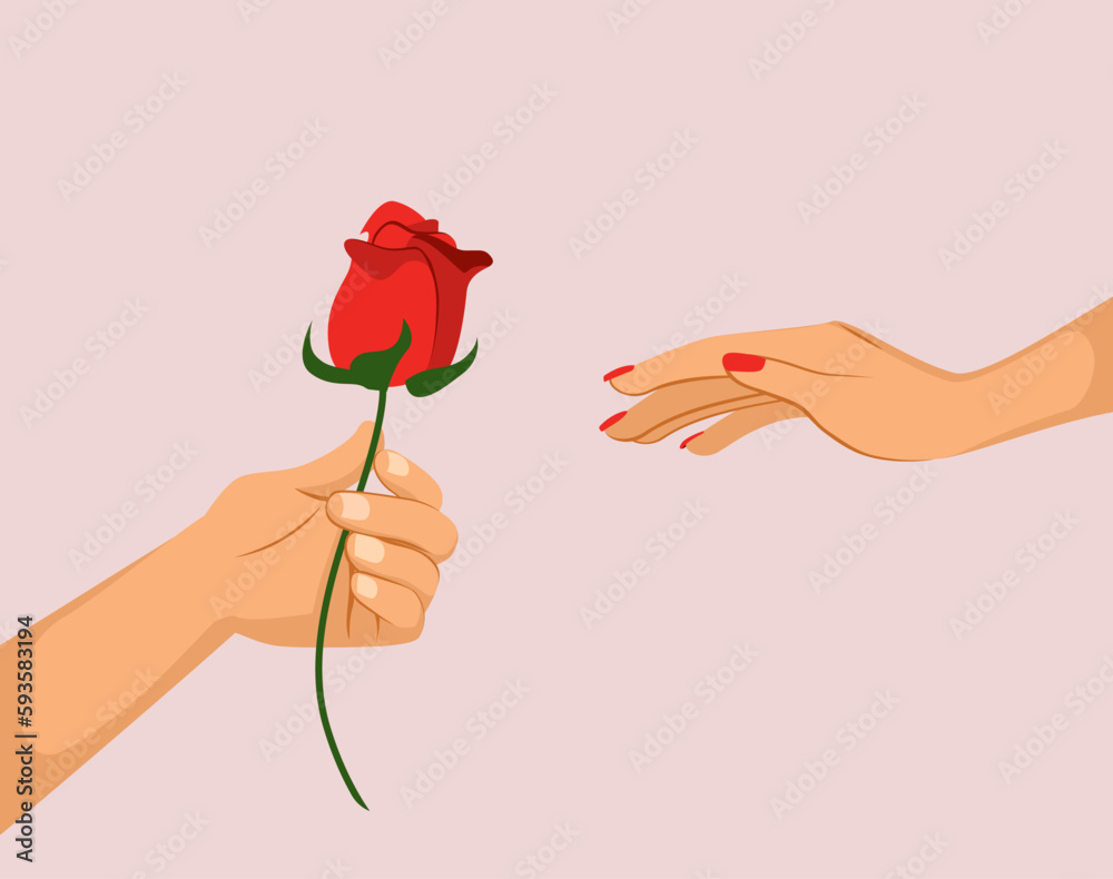 Vector illustration of male hand offering red rose to female hand ...