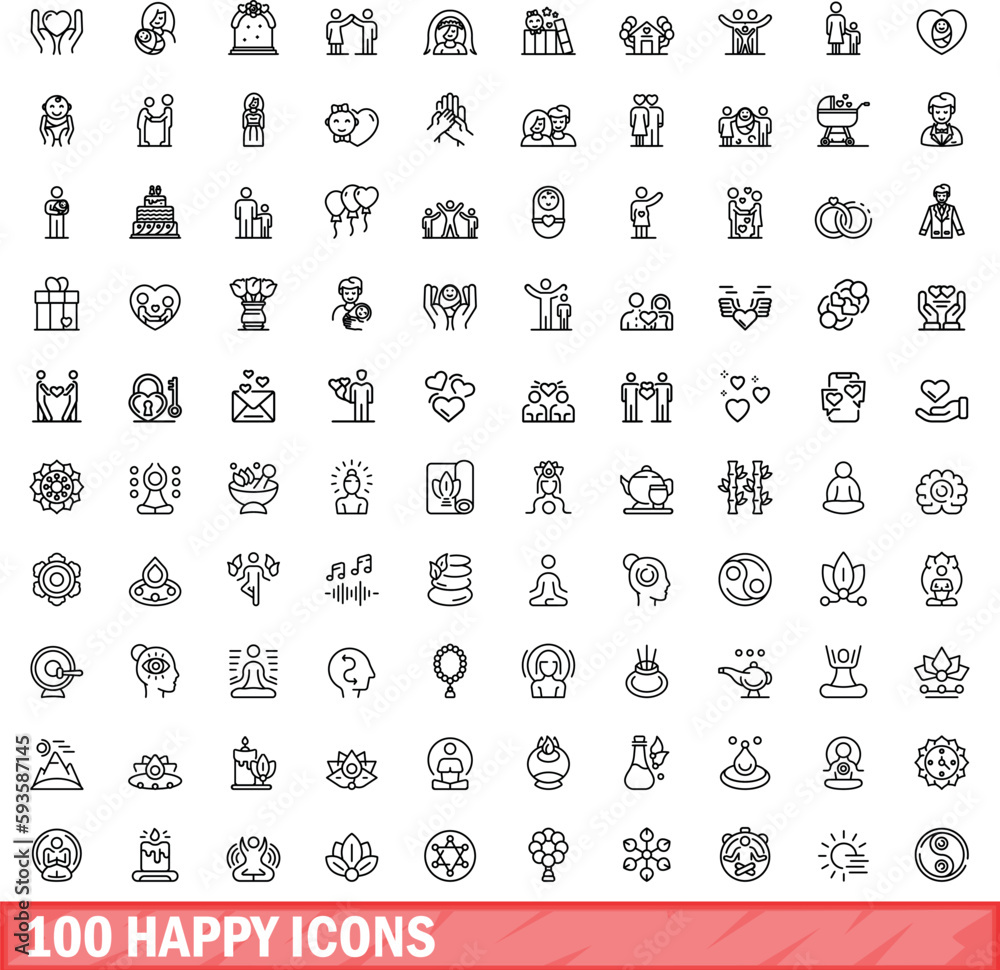 100 happy icons set. Outline illustration of 100 happy icons vector set ...