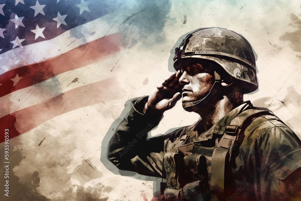 Poignant WWII soldier illustration, American flag backdrop. generative ...