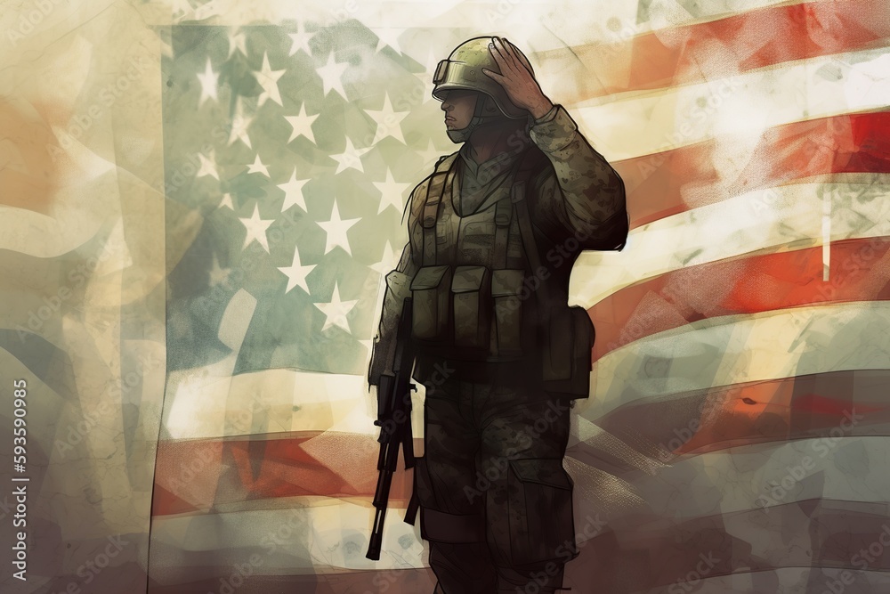Poignant WWII soldier illustration, American flag backdrop. generative ...
