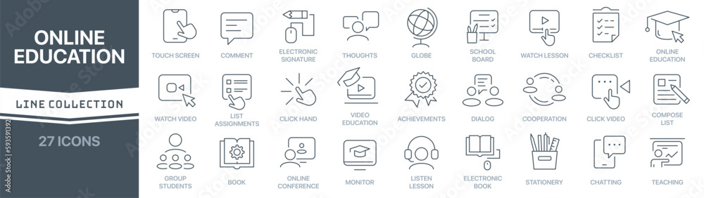 Online education linear signed icon collection. Signed thin line icons ...