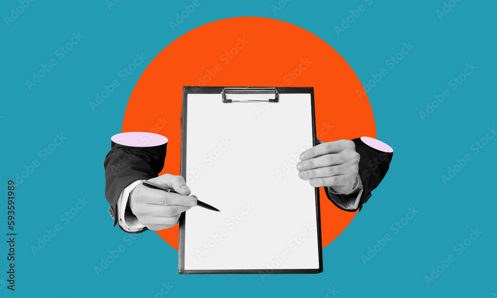 Checklist concept. Modern art collage. Hand holding a pen. Stock Photo ...