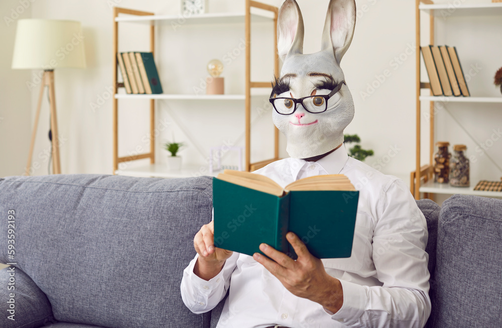 Animal reader with a book. Man with a funny rabbit face reading in ...