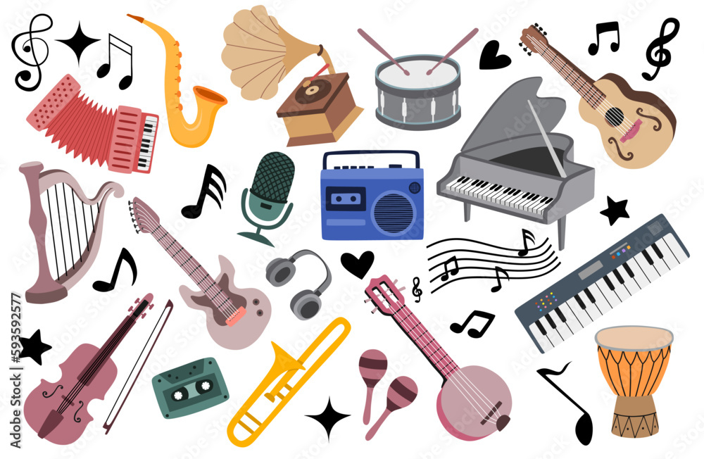 music instruments in cartoon style on the white background. Stock ...