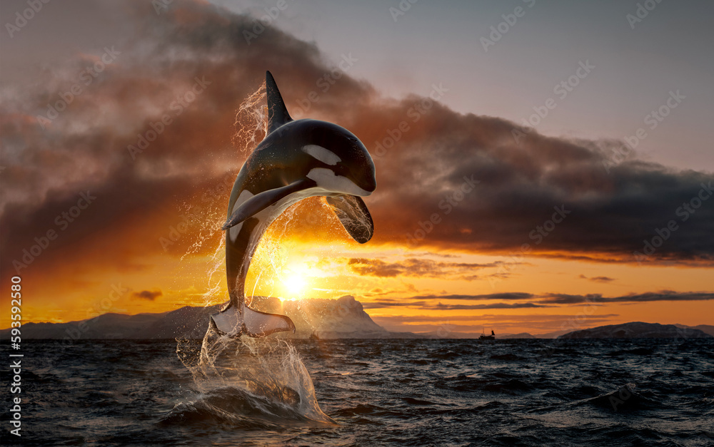 Orca leaping from sunset ocean water with splashes, Norway background ...