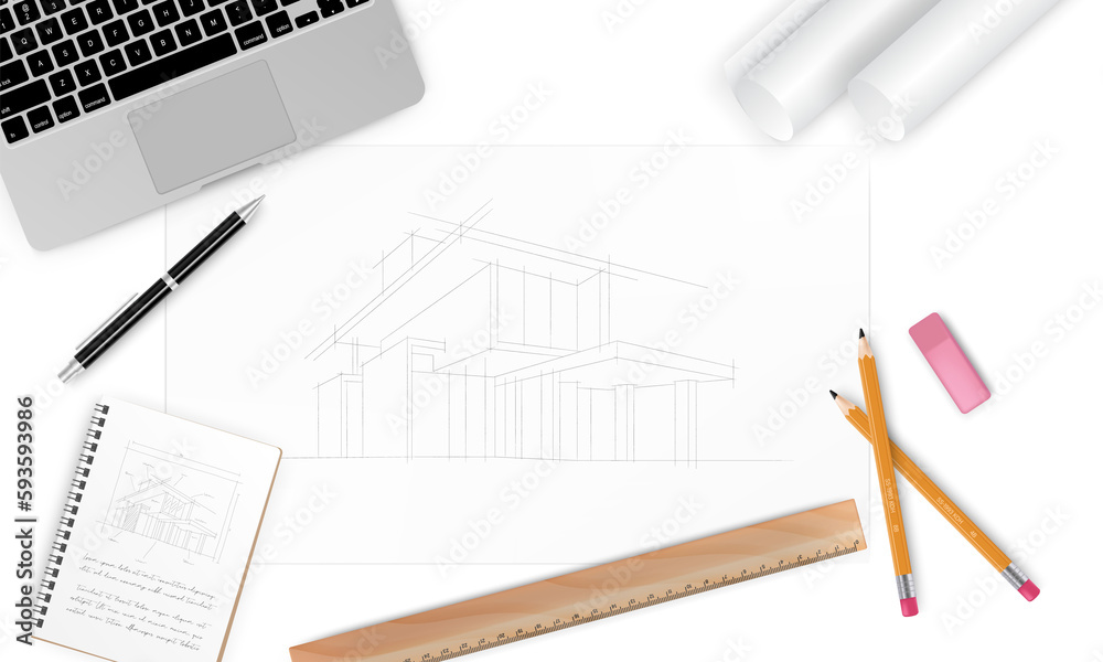 Workplace - Construction project architect house plan with tools ...