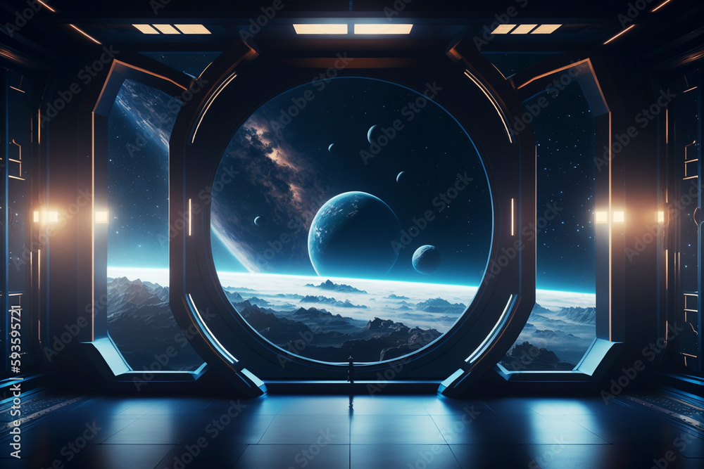 Dark blue spaceship interior with window view of space and planets. Ai ...