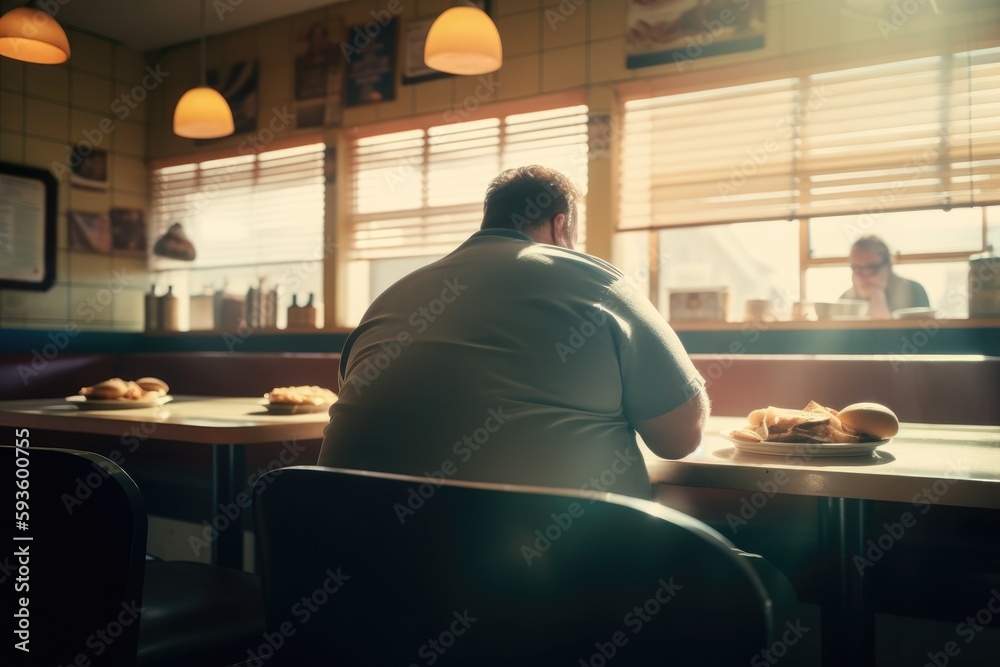 Fat man eating fast food or junk meal in a fast food restaurant / diner ...