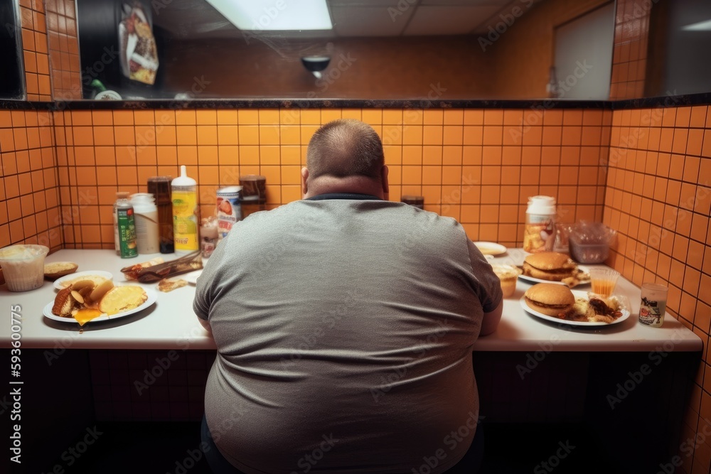 Fat man eating fast food or junk meal in a fast food restaurant / diner ...