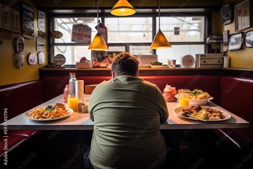Fat man eating fast food or junk meal in a fast food restaurant / diner ...