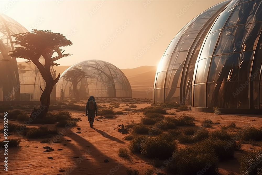 Mars outpost colony. Glass domes with Plants, colonization science ...