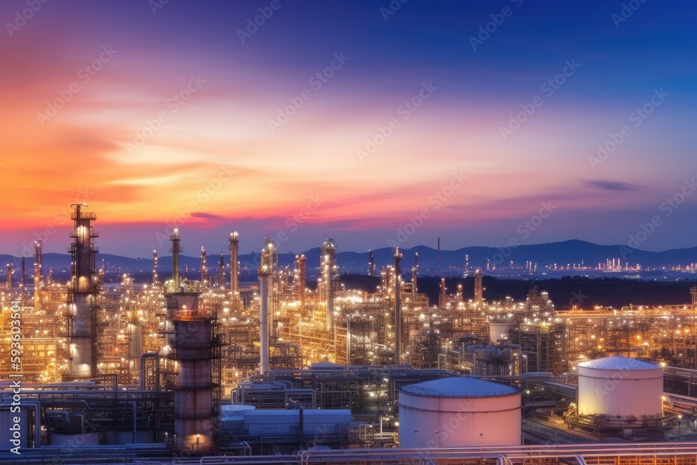 Oil refinery with oil storage tank and petrochemical plant industrial ...