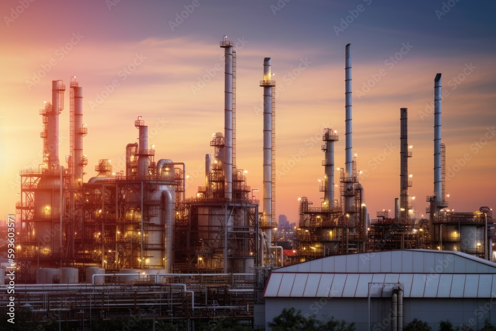 Oil refinery with oil storage tank and petrochemical plant industrial ...