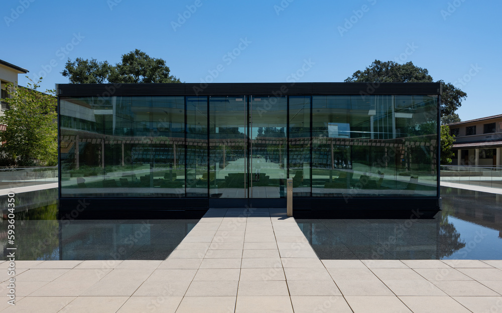 Claremont, CA - April 15 2023: Glass walled building on the campus of ...