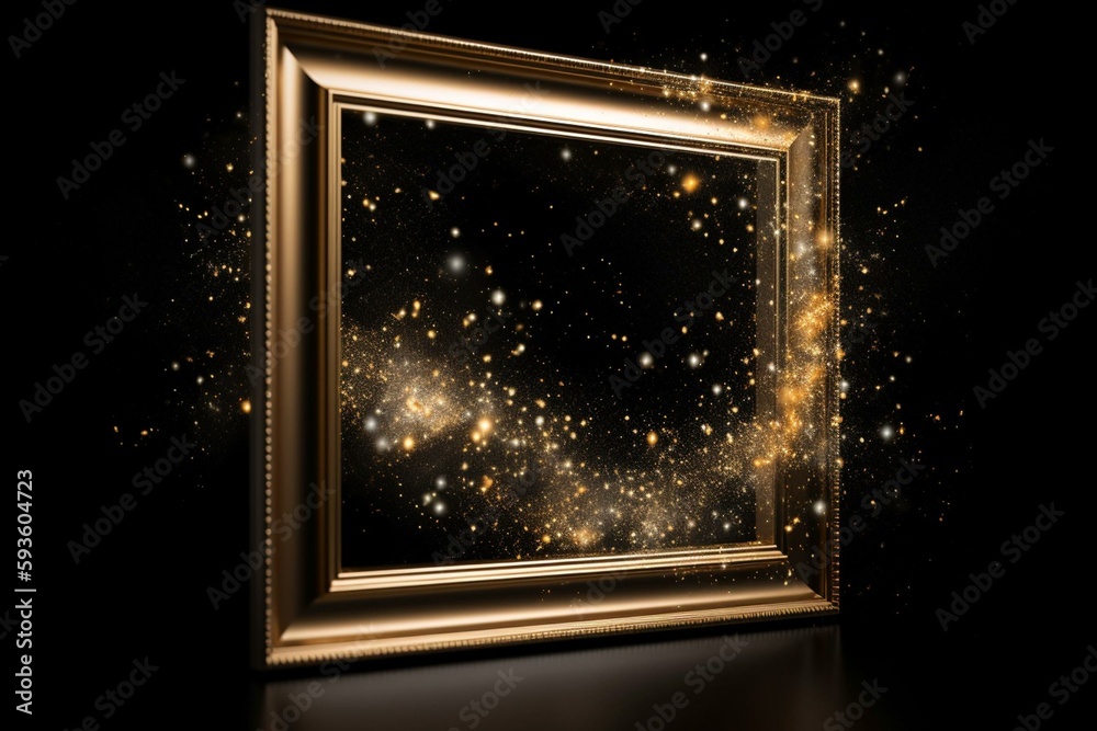 Golden frame on a black background with a reflection of light and ...
