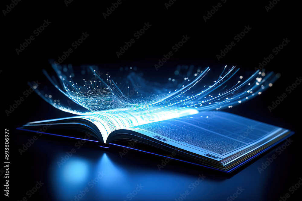 book with blue digital rays, particles and glowing on black background ...