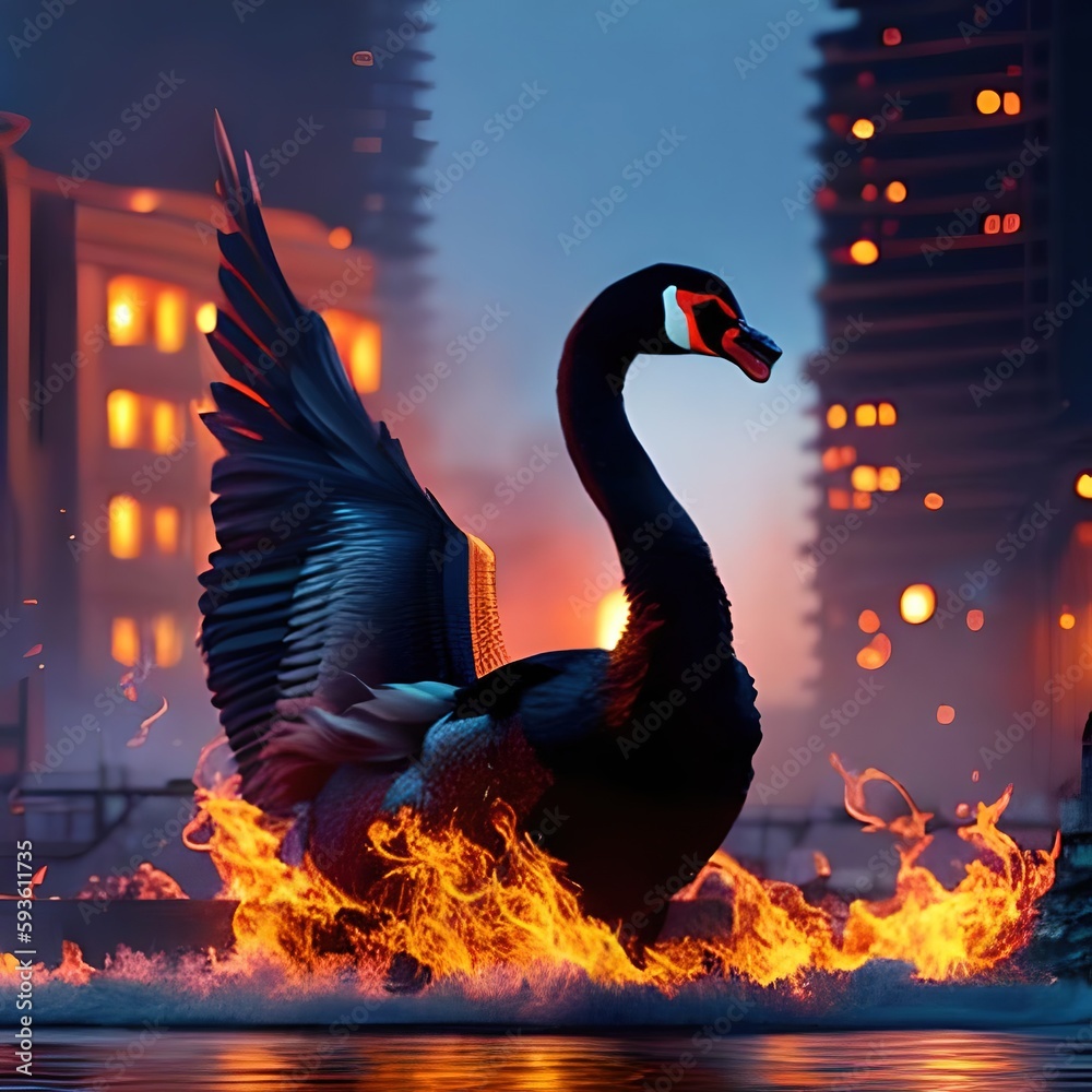 "Fiery Majesty: A Breathtaking Image of a Giant Black Swan Bathed in ...