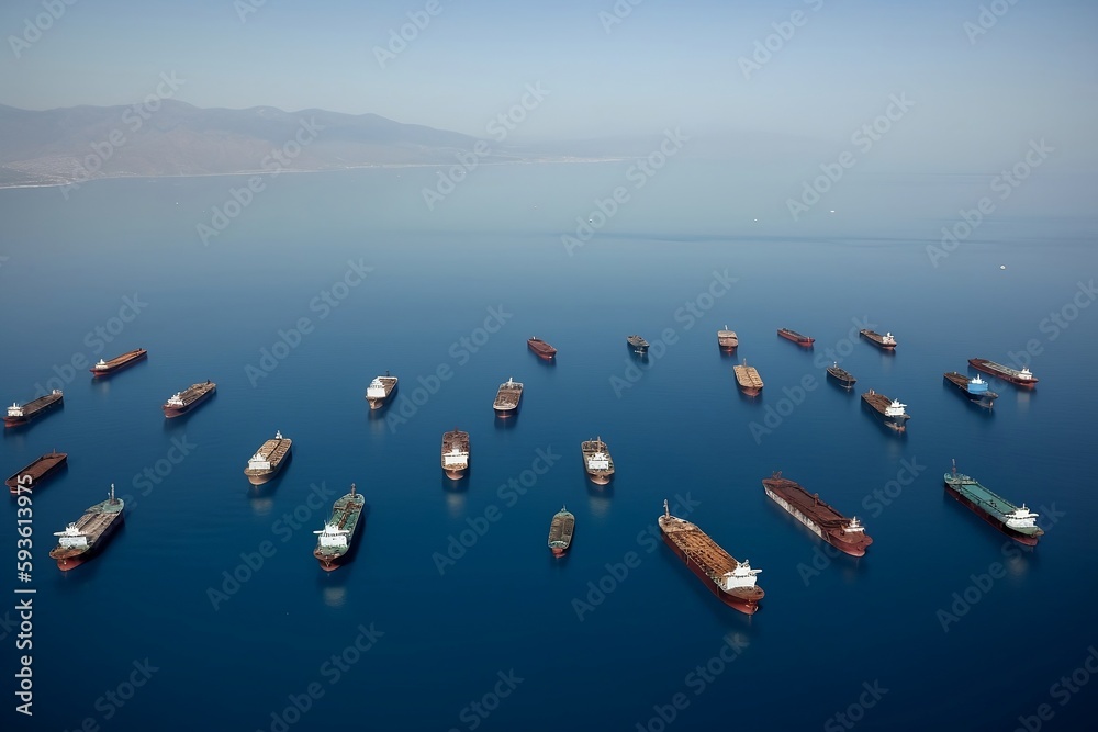 aerial perspective of a bay where colossal tanker ships, including ...