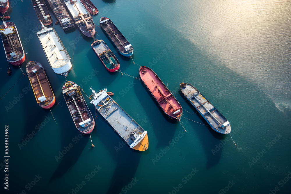 aerial perspective of a bay where colossal tanker ships, including ...