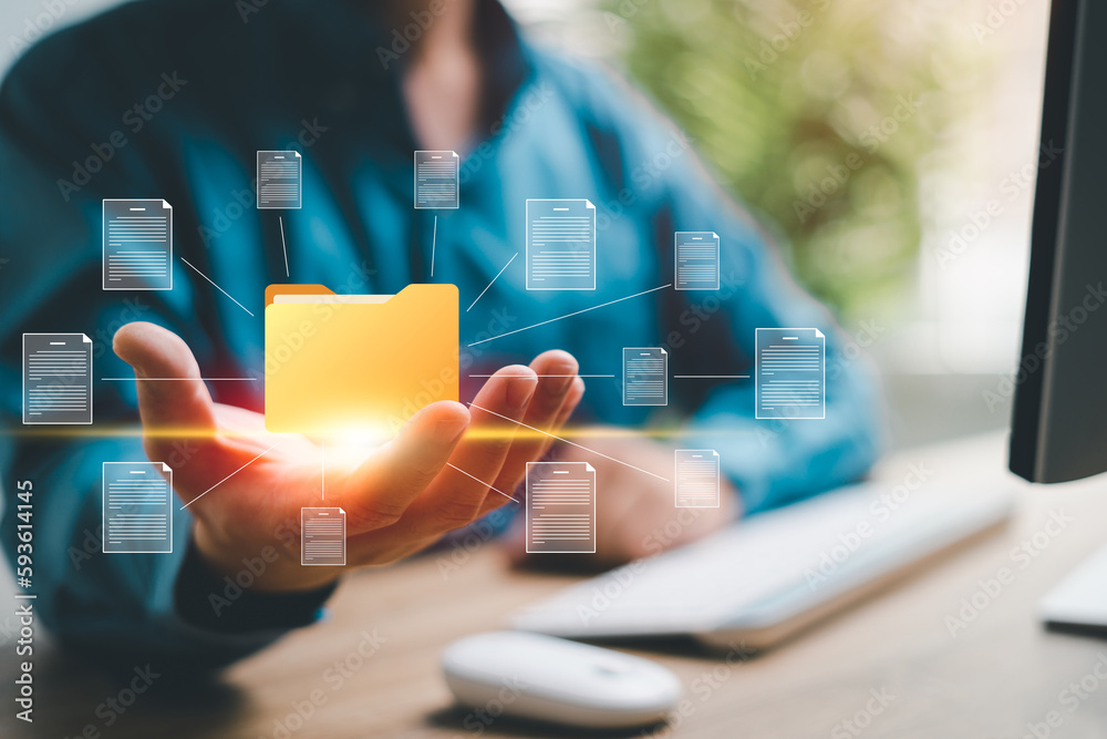 Document and data management system concept, businessman holding folder ...