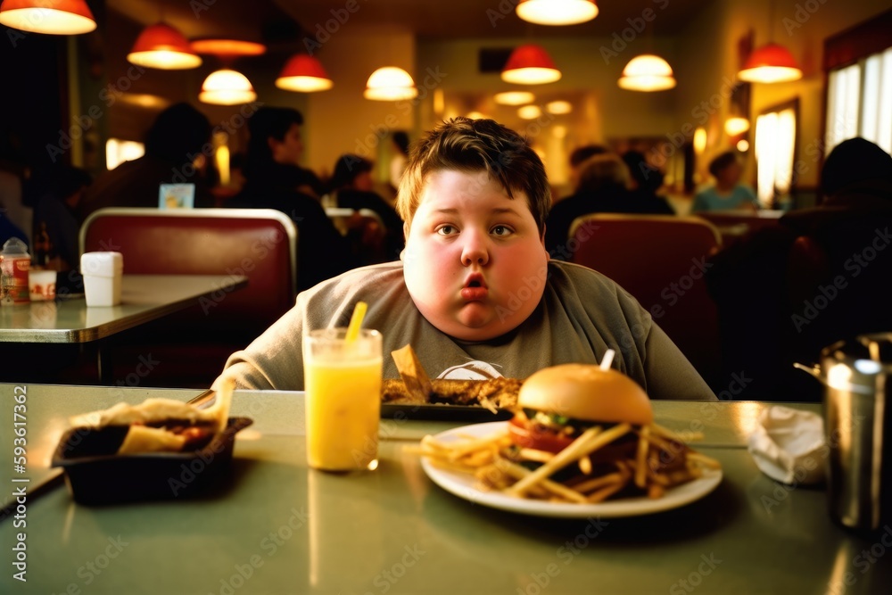 Fat young man / boy eating fast food or junk meal in a fast food ...
