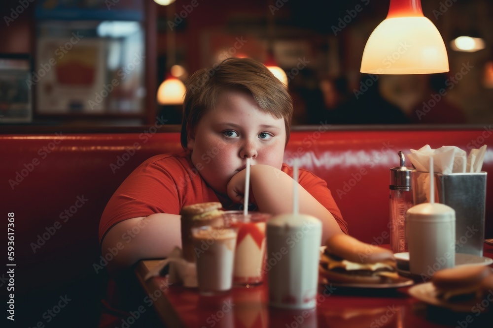 Fat young man / boy eating fast food or junk meal in a fast food ...