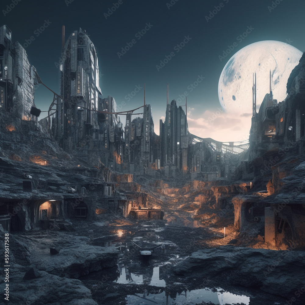 Generative ai illustration post apocalyptic destroyed alien city Stock ...