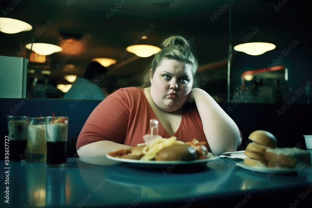 Fat young woman / girl eating fast food or junk meal in a fast food ...