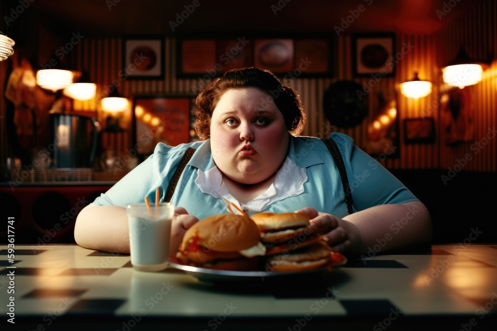 Fat young woman / girl eating fast food or junk meal in a fast food ...