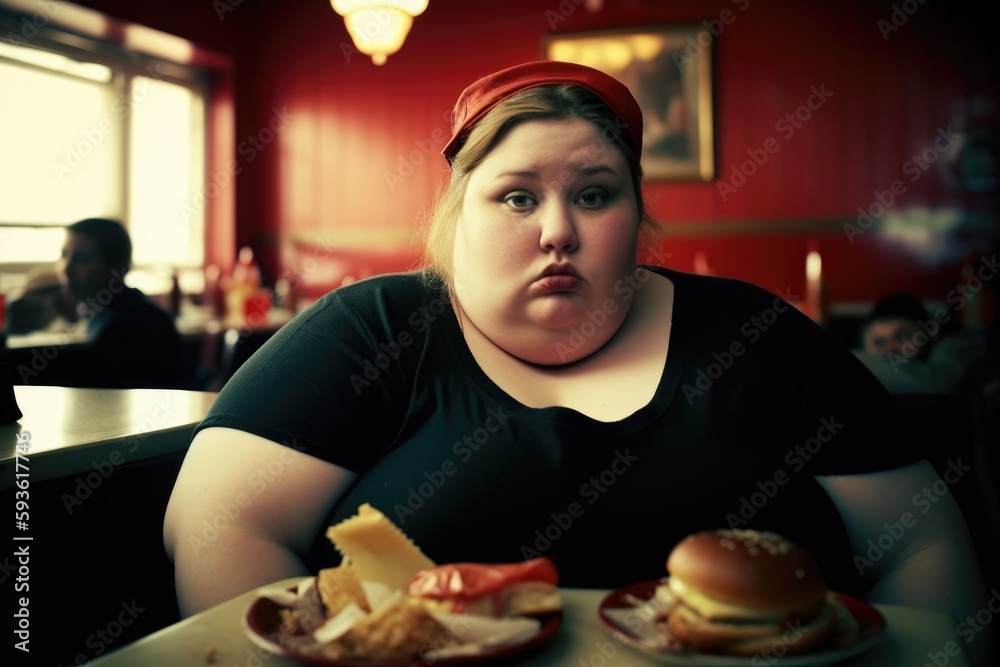 Fat young woman / girl eating fast food or junk meal in a fast food ...