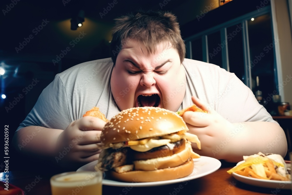 Exaggerated presentation of a greedy fat boy eating fast food or junk ... Exaggerated presentation of a greedy fat boy eating fast food or junk ...