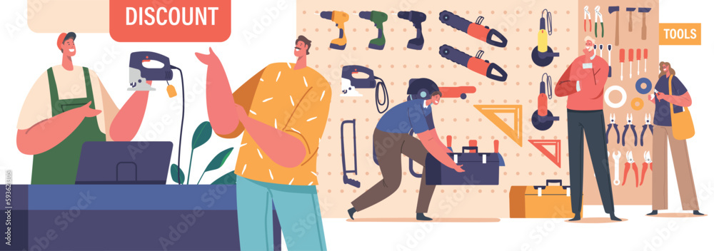 Characters Browse The Aisles Of Tool Shop, Selecting The Perfect Tools ...
