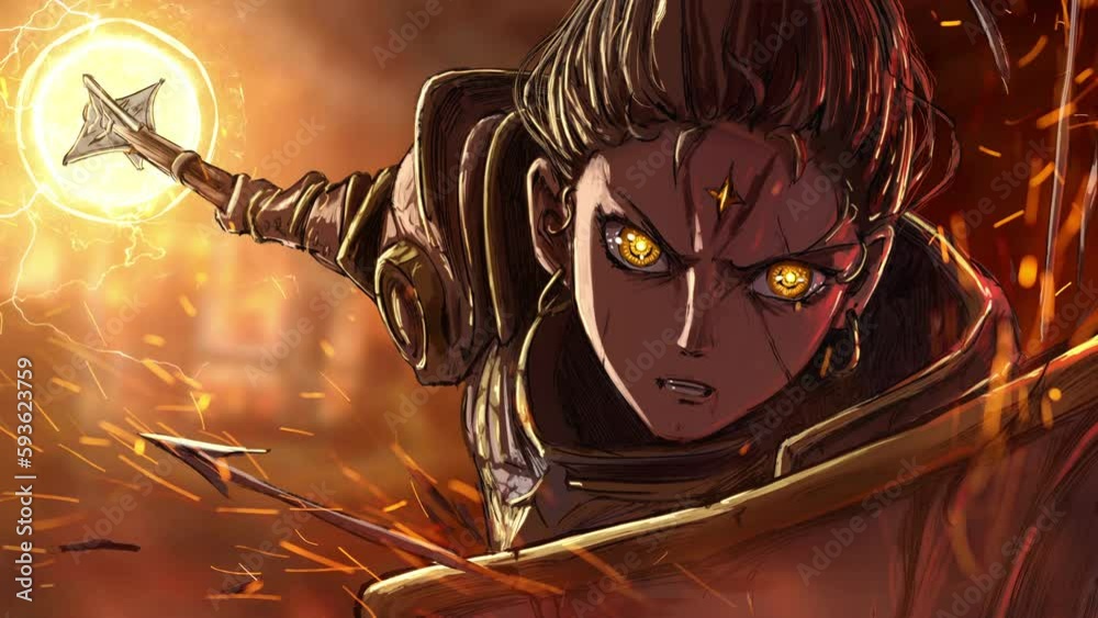 A fierce paladin girl in armor with a shield rushes into battle with ...