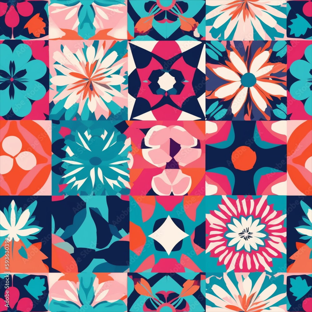 Seamless abstract floral designs that incorporate geometric shapes and ...